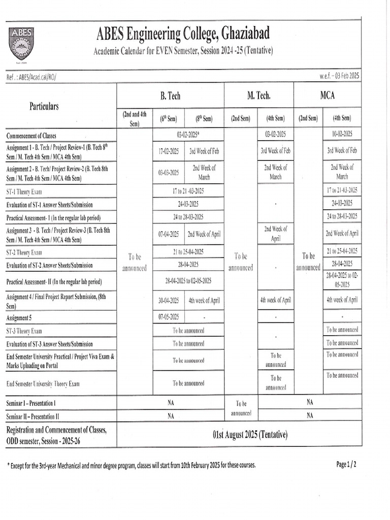 Academic Calendar - Even Sen-2024-25 | PDF