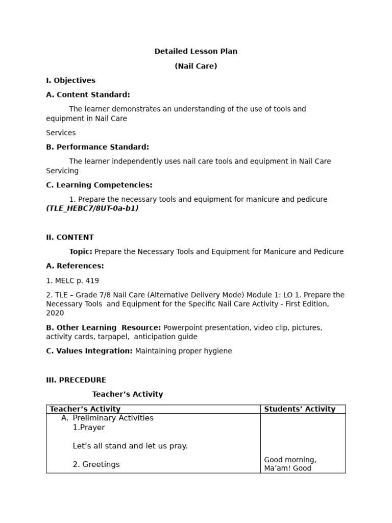 LESSON PLAN-NAIL CARE | PDF | Nail (Anatomy) | Foot