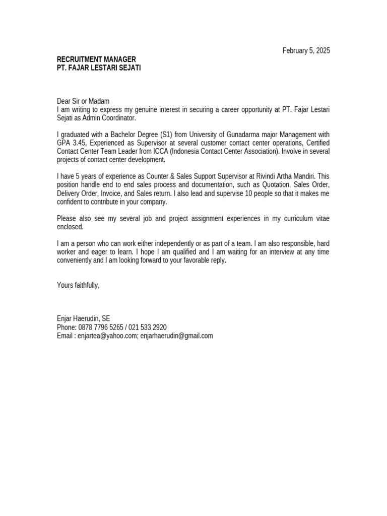 Application letter-Enjar-FAJAR | PDF