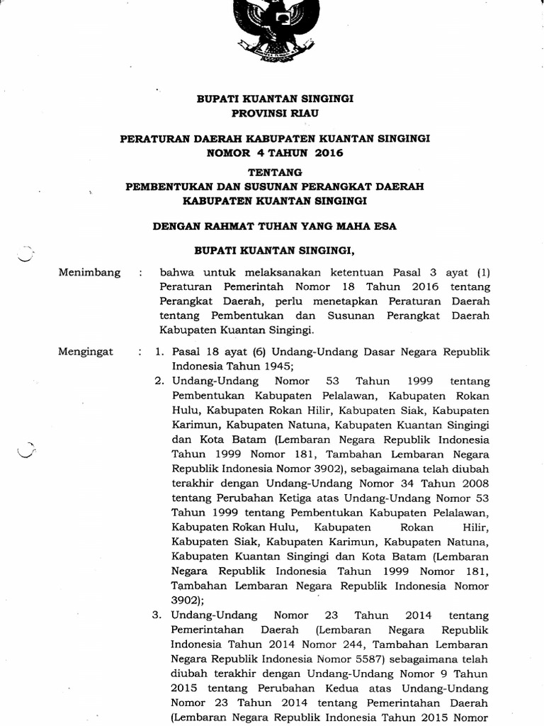 Perda No 4 Tahun 2016 Kuansing | PDF