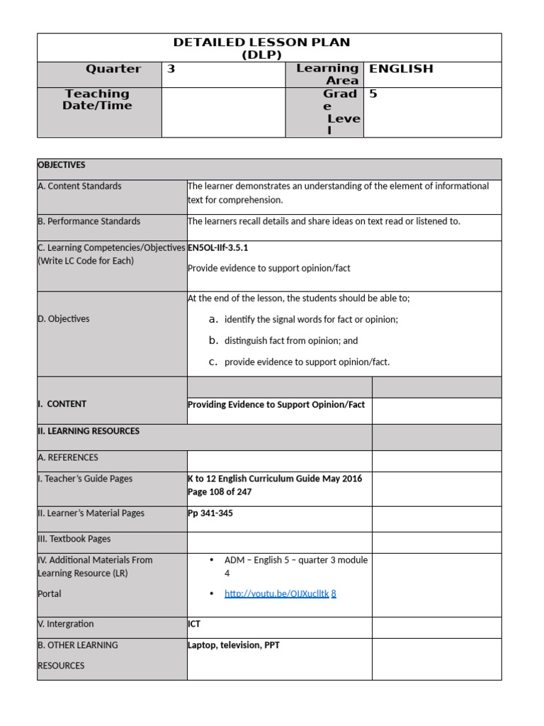 LESSON PLAN ENGLISH 5 | PDF | Evidence | Opinion