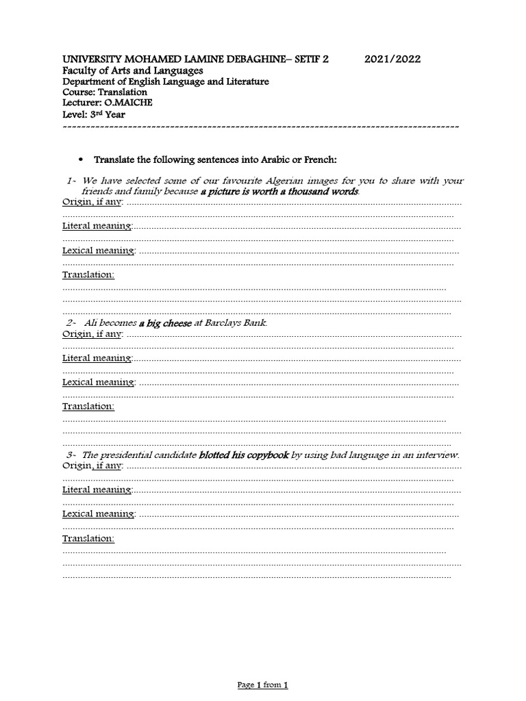 Traduction 3e. Idioms Assignment. | PDF | Vocabulary | Lexicology