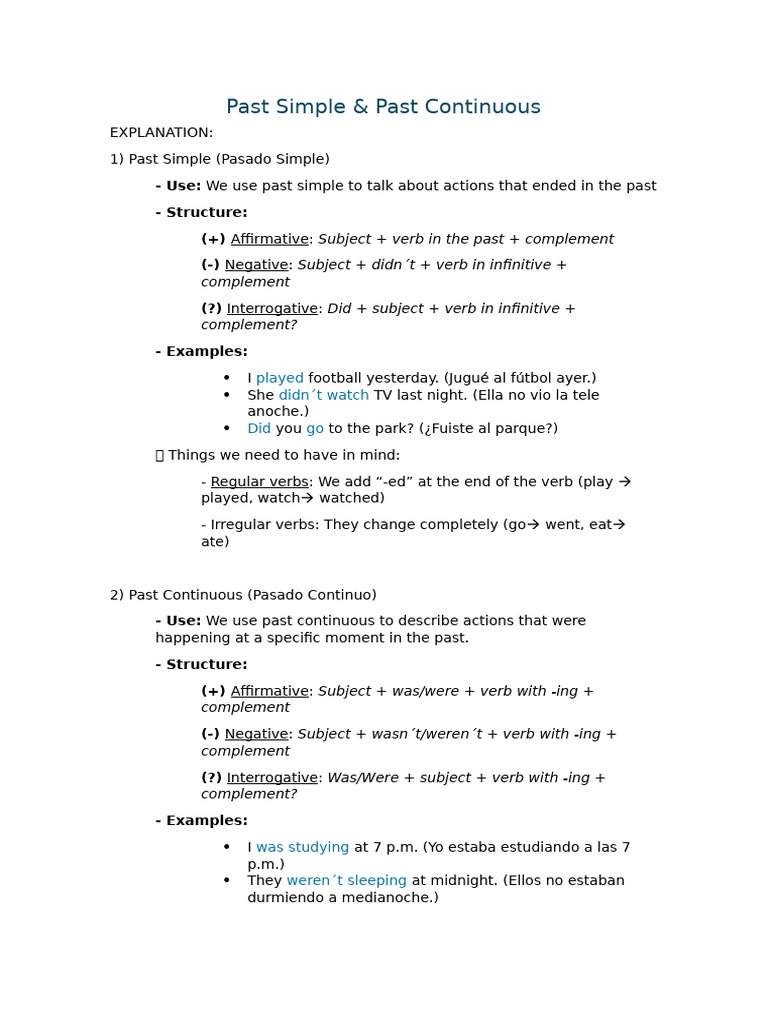 Past Simple and Past Continuous Explanation | PDF