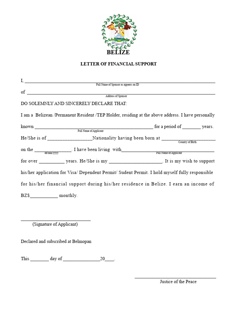 Belize Financial Support Letter Template | PDF