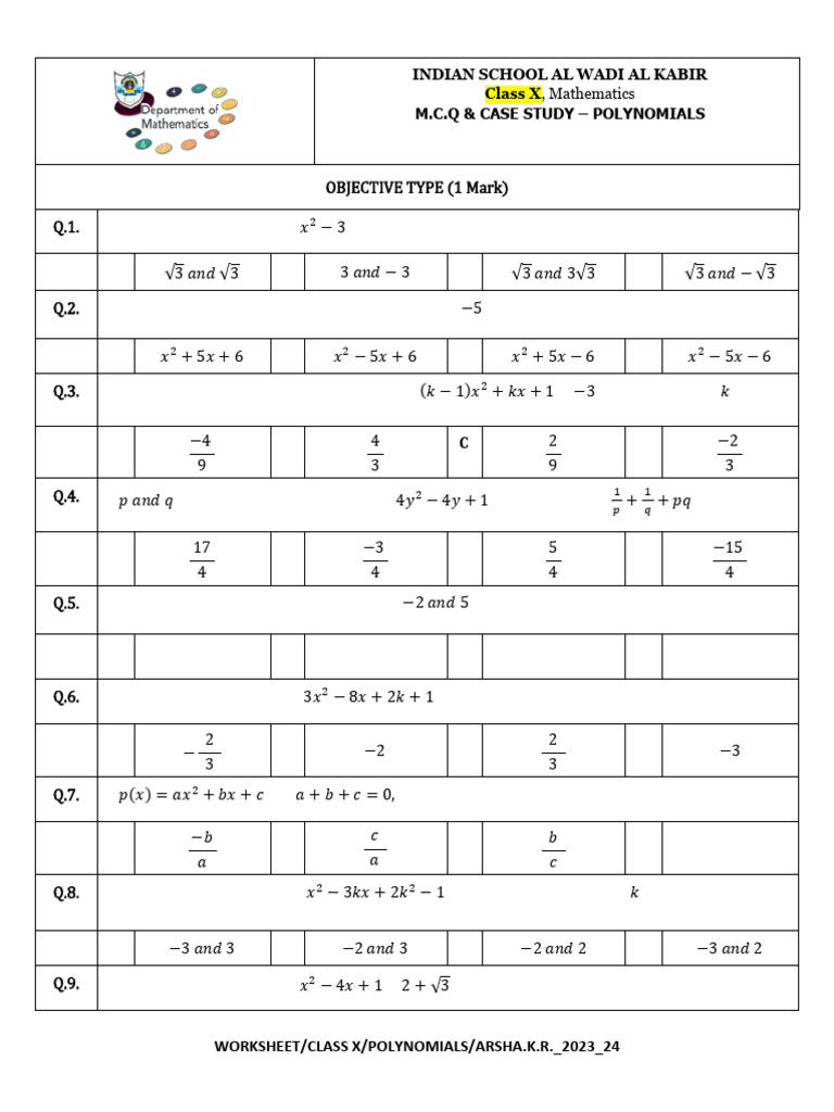 Class X Polynomials MCQs and Case Study | PDF | Zero Of A Function | Polynomial