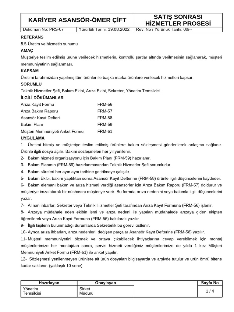 PRS-07 Satis Sonrasi Hizmetler Prosesi | PDF
