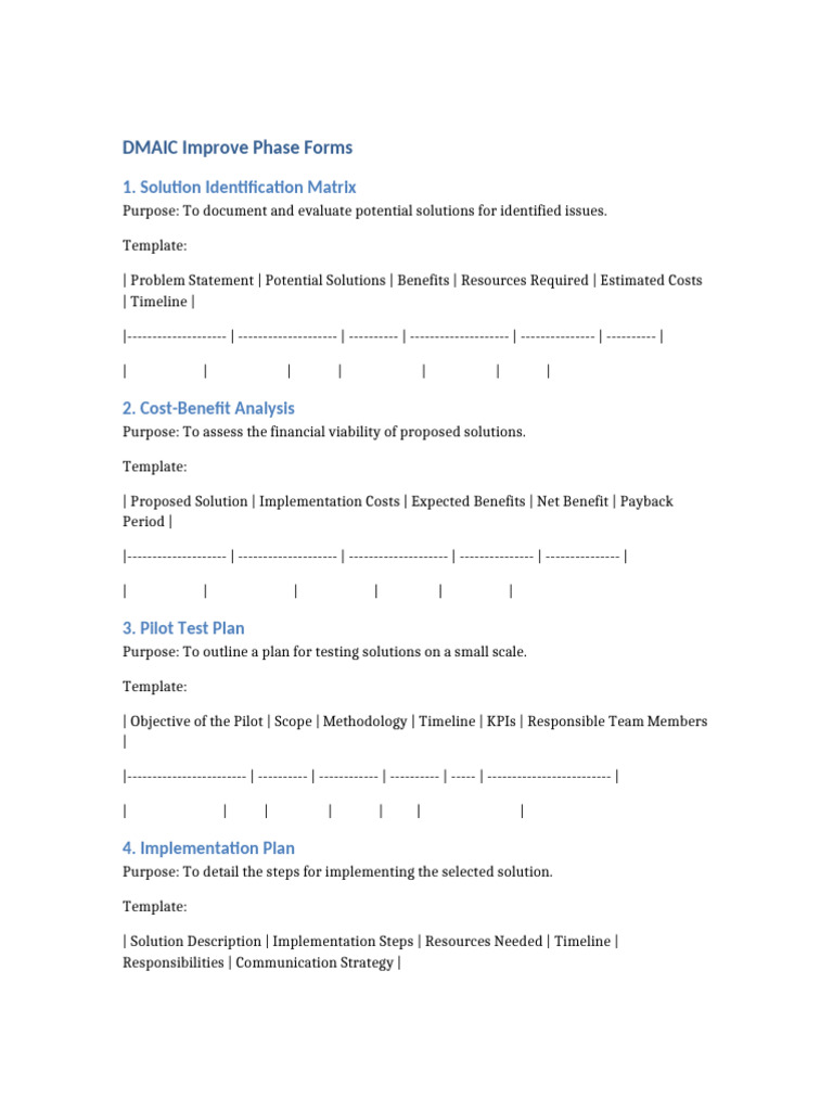 DMAIC Improve Phase Forms | PDF | Risk | Risk Assessment