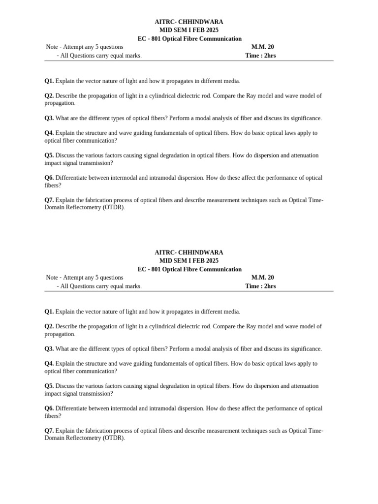 EC 8TH SEM MID TERM | PDF | Optical Fiber | Optics