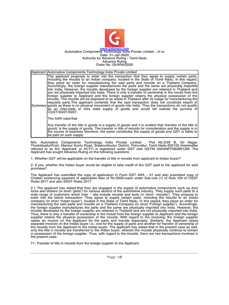 Automotive Components Tech PVT LTD in Re | PDF | Invoice | Taxes