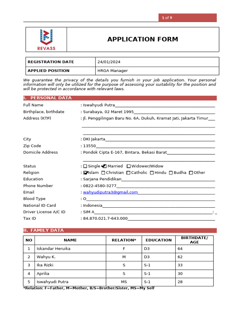 HRGA Manager Application Form | PDF