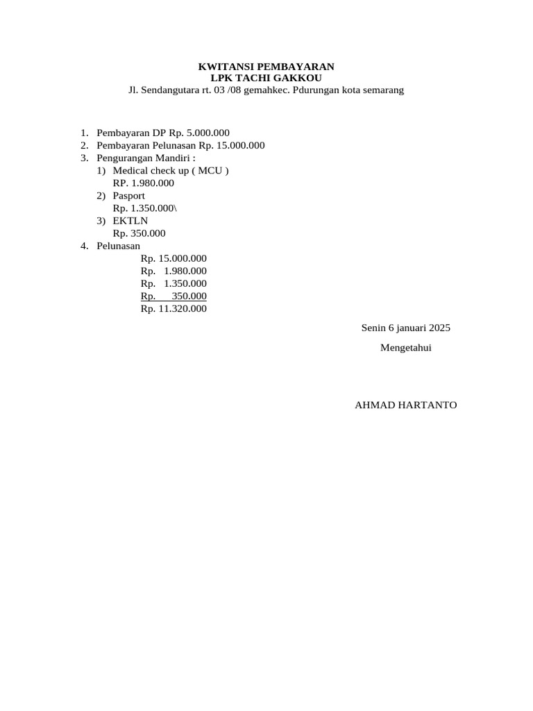 Kwitansi Pembayaran LPK Tachi | PDF