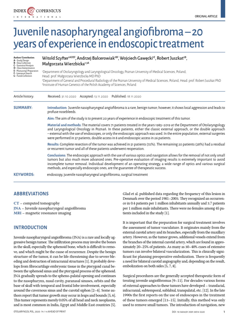 Endoscopic Treatment of Juvenile Angiofibroma | PDF | Magnetic ...