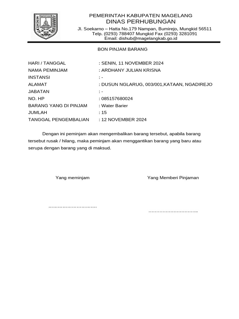 Bon Pinjam Barang | PDF
