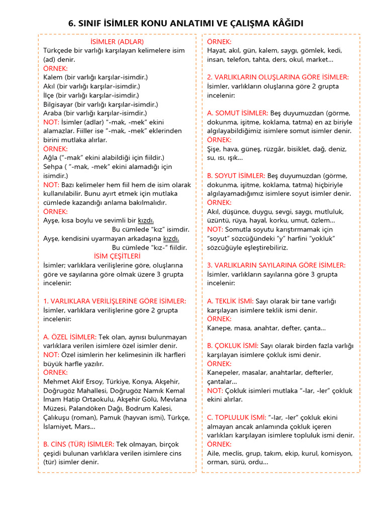 6.sinif Turkce Dersi Isimler Konu Anlatimi Ve Calisma Kagidi | PDF