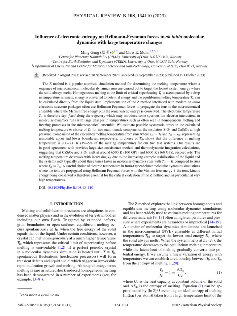 Influence of Electronic Entropy On Hellmann-Feynman Forces in Ab Initio Molecular Dynamics With ...