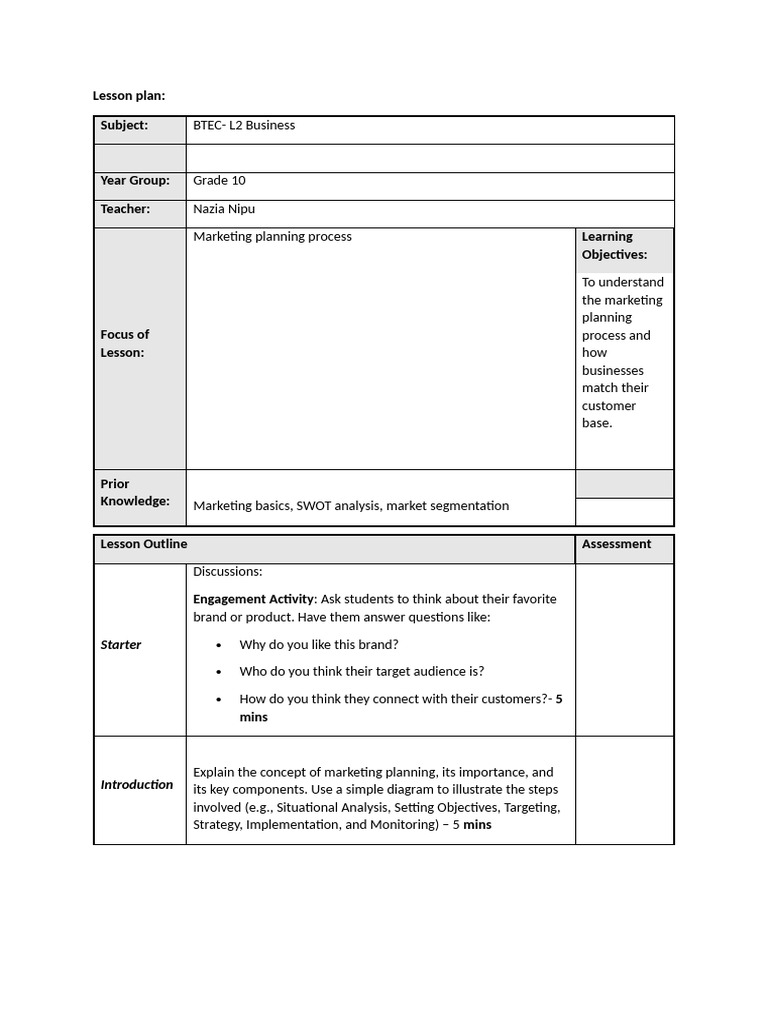 Lesson Plan - Marketing Plan | PDF | Marketing | Lesson Plan