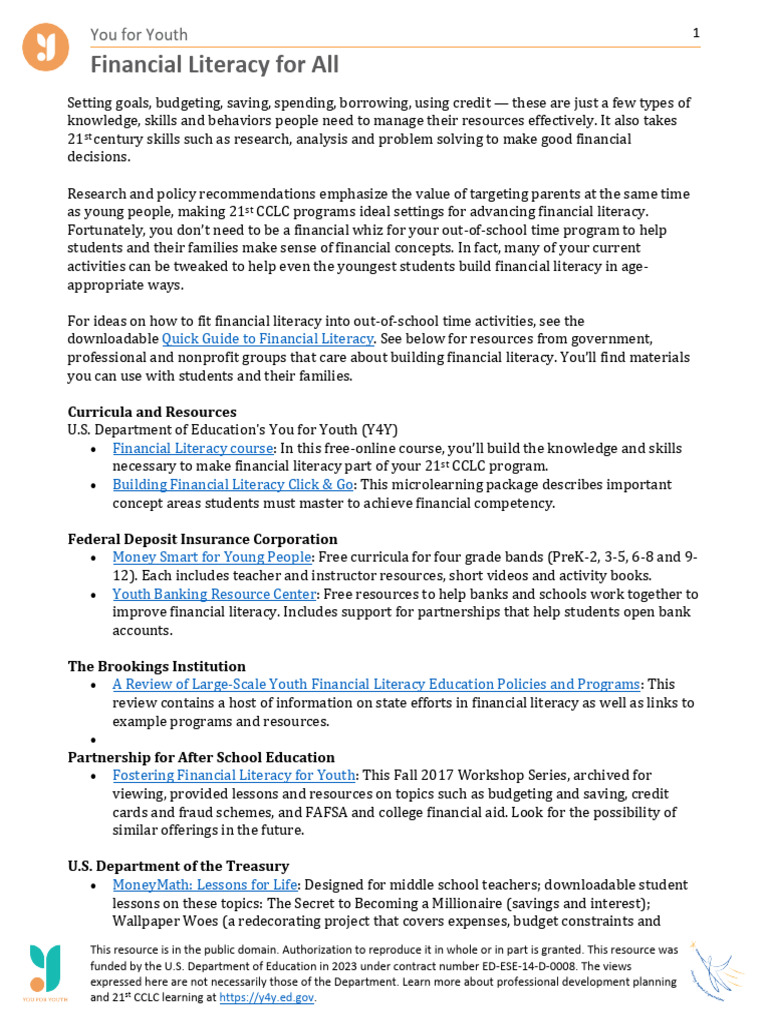 Y4Y - Financial Literacy Resources | PDF | Financial Literacy | Literacy