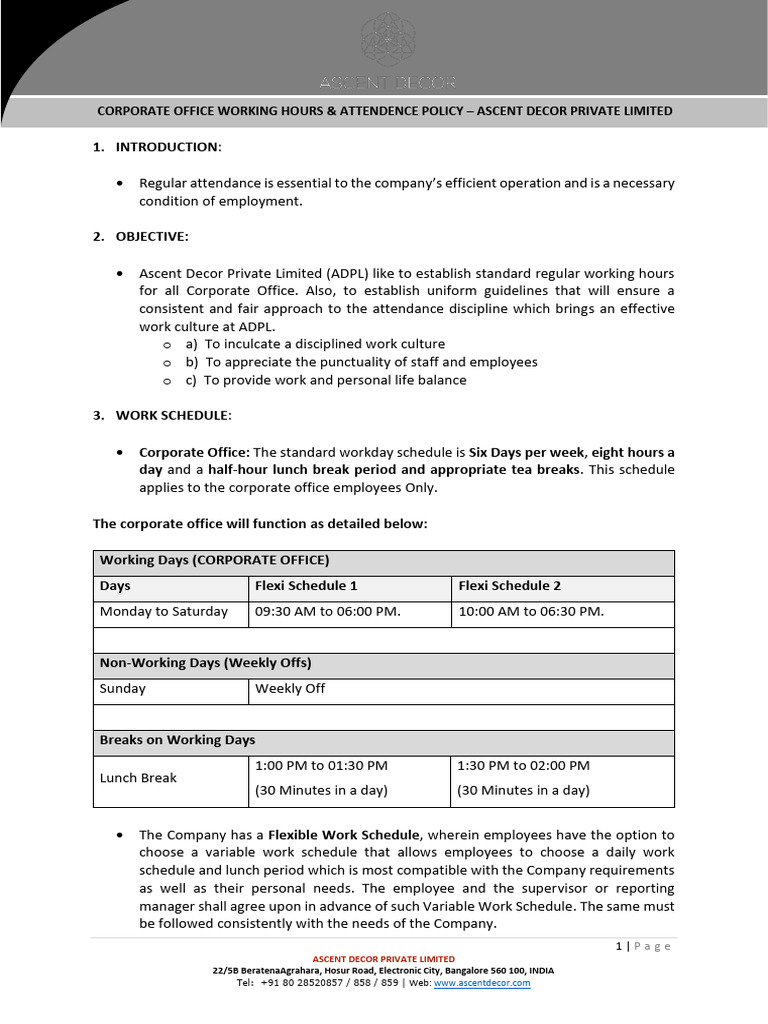 Corprorate Office Working Hours Policy - ADPL V1 | PDF | Working Time ...