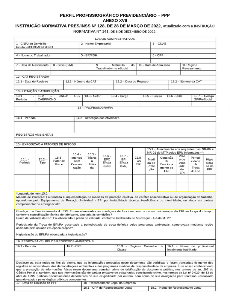 PPP - FORMULÁRIO EM BRANCO - Modelo Atualizado 2022 | PDF | Justiça ...