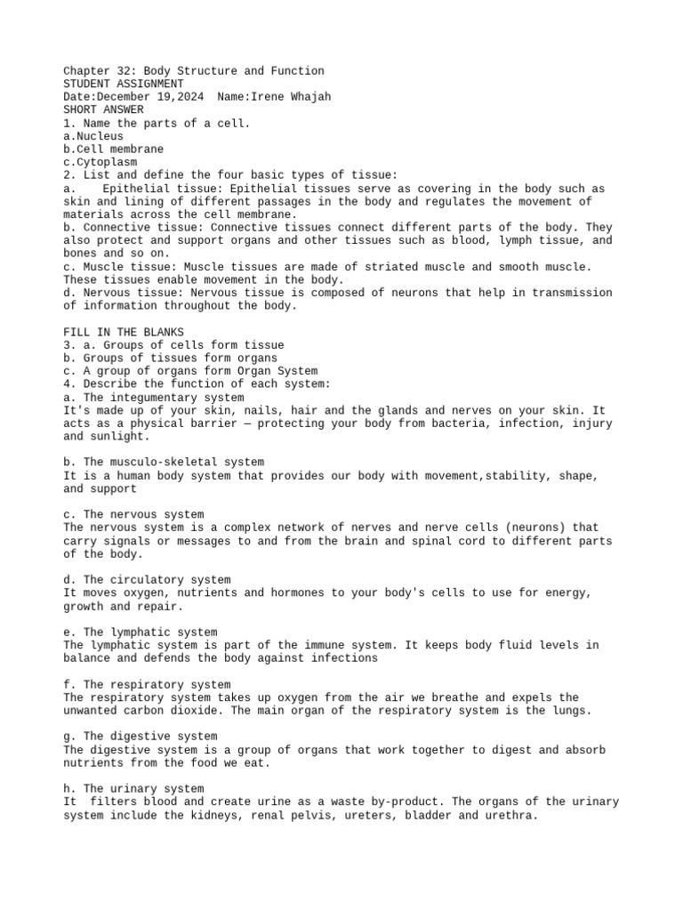 Assignment on Systems | PDF | Human Body | Tissue (Biology)
