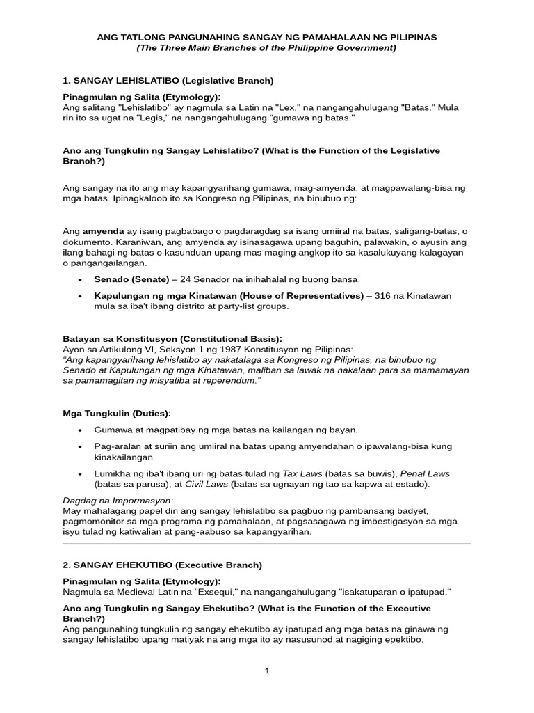 Ang Tatlong Pangunahing Sangay NG Pamahalaan NG Pilipinas | PDF