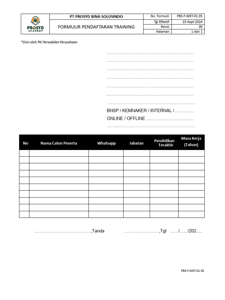 Formulir Pendaftaran Training PT PROSYD | PDF