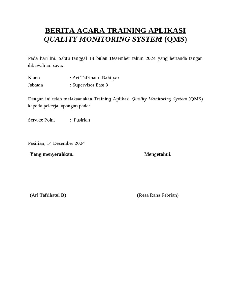 Berita Acara Training QMS 2024 | PDF