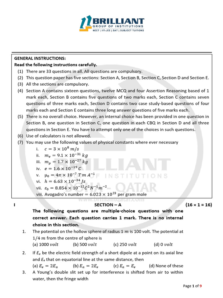 G12-Full Topic QP Physics-Set A | PDF | Inductor | Diffraction