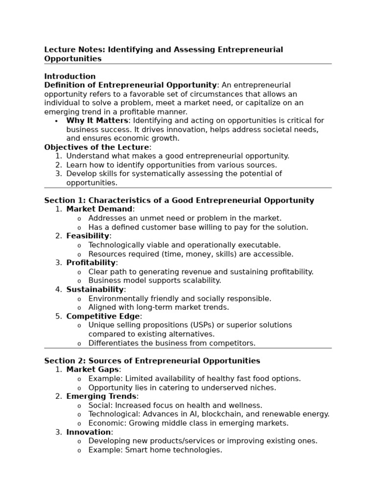 Identifying and Assessing Entrepreneurial Opportunities | PDF ...