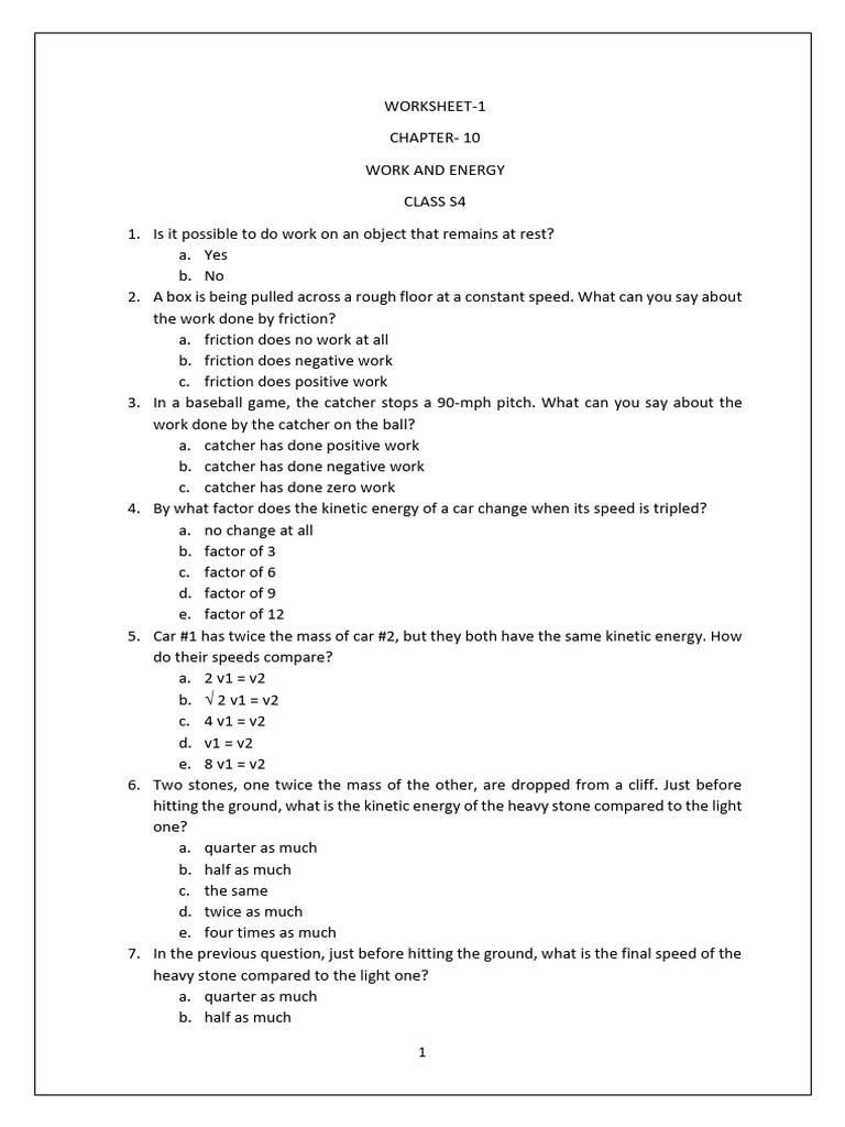 Work and Energy Worksheet for Class S4 | PDF | Force | Kinetic Energy