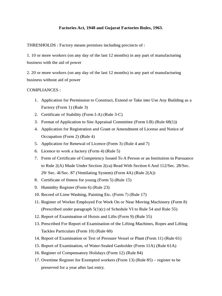 Factories Act, 1948 and Gujarat Factories Rules, 1963. | PDF | Labor ...