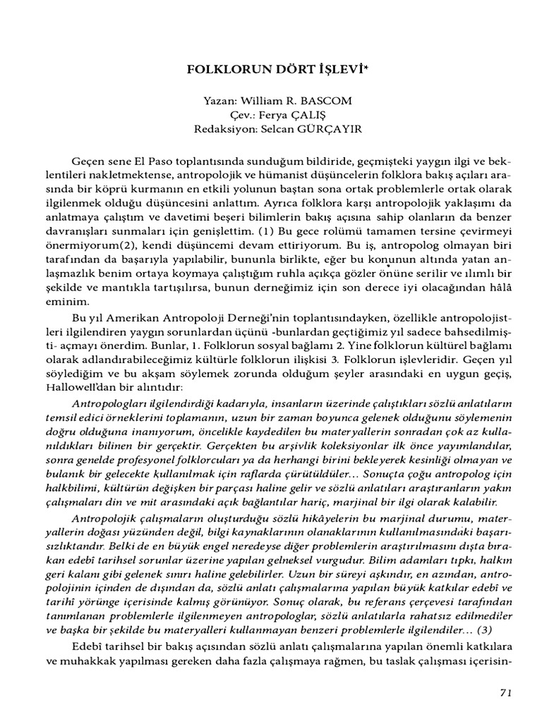 W. BASCOM-fOLKLORUN dÖRT iŞLEVİ | PDF