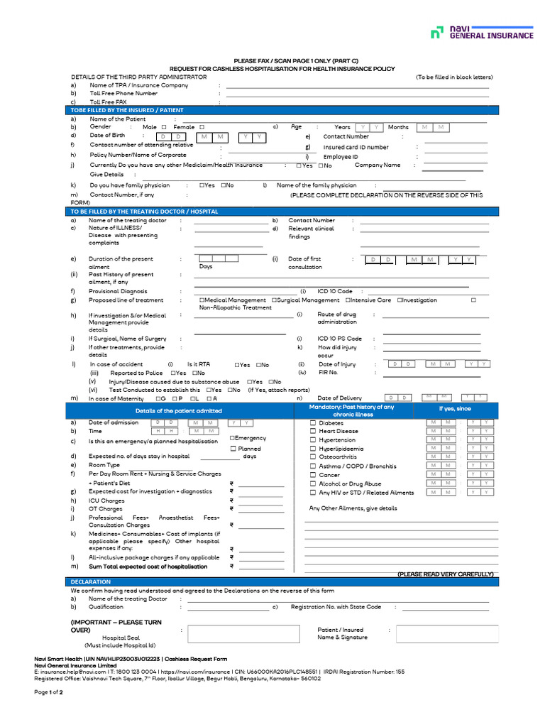 NaviSmartHealth Cashless Request Form | PDF | Hospital | Insurance