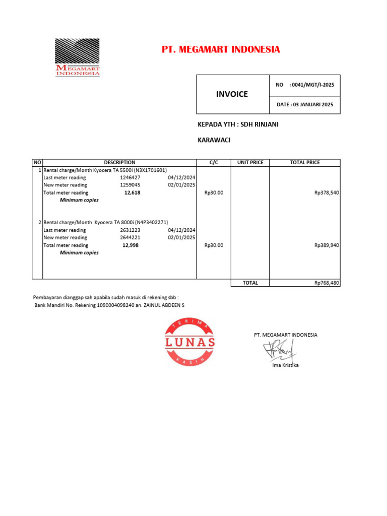 Invoice LUNAS JAN-RINJANI | PDF