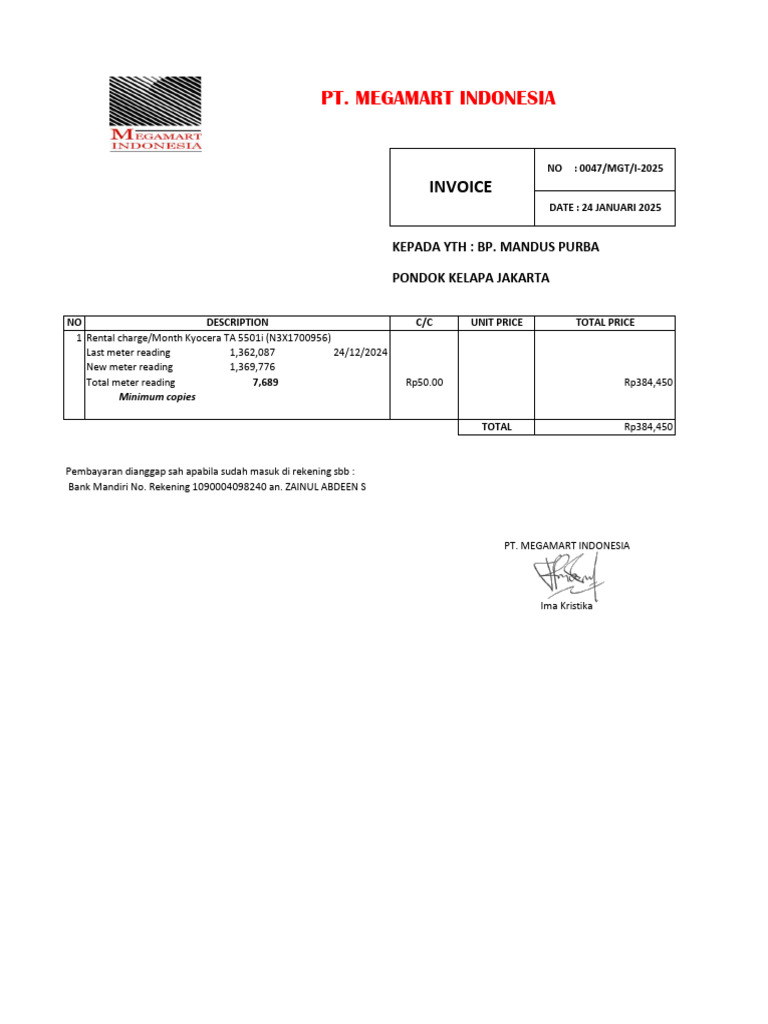 Invoice PAK PURBA JAN 2025 | PDF
