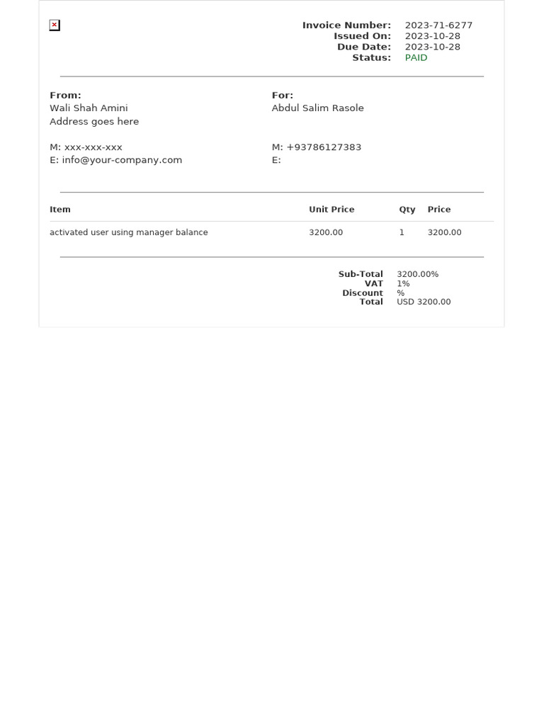 Invoice Number: Issued On: Due Date: Status:: Item Unit Price Qty Price ...