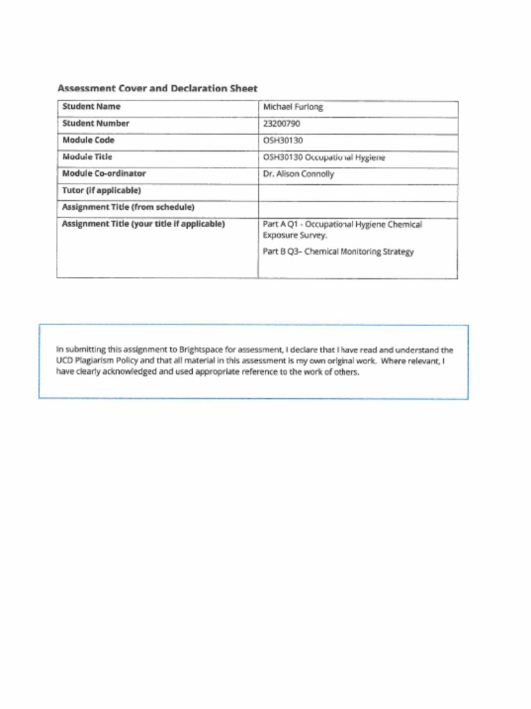 Occupational Hygiene OSH 30130 Assignment 2 - MF | PDF