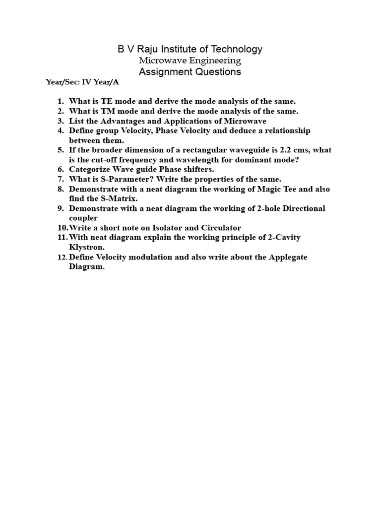 B V Raju Institute of Technology Assignment Questions: Microwave Engineering | PDF