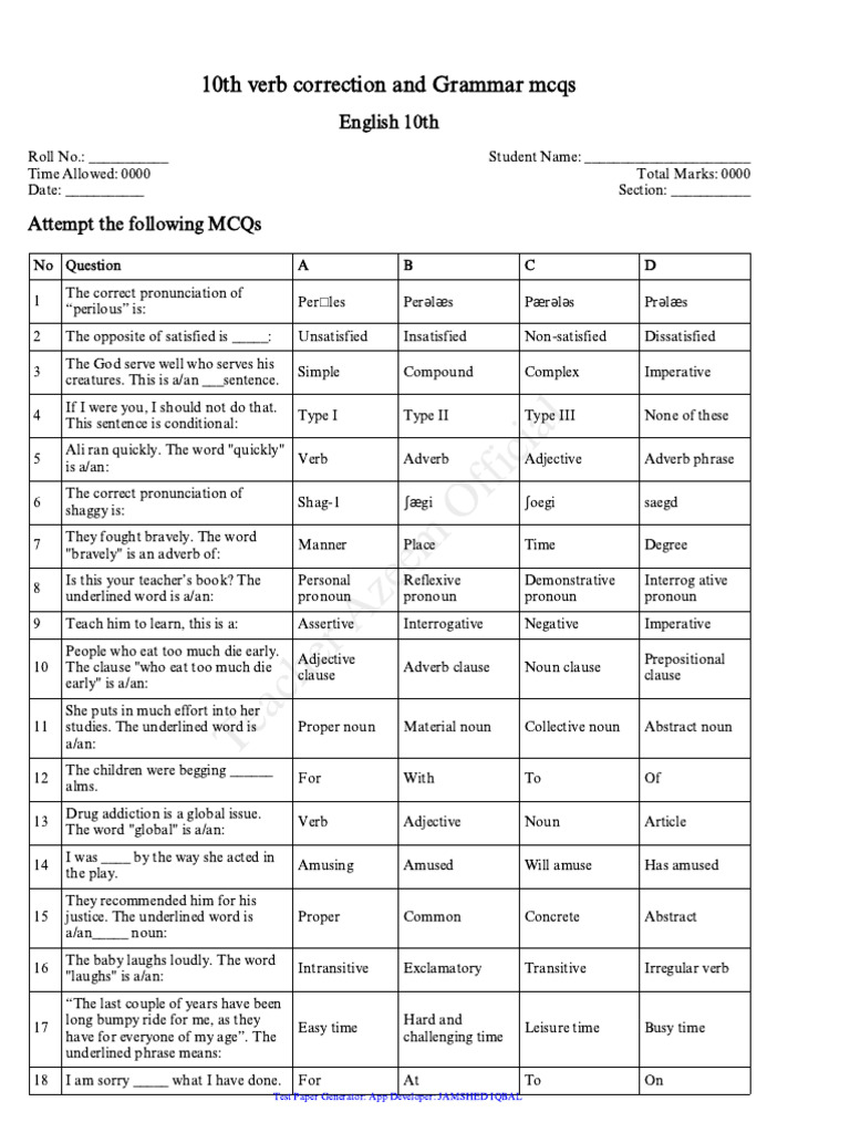 10th Verb and Grammar | PDF | Adverb | Pronoun