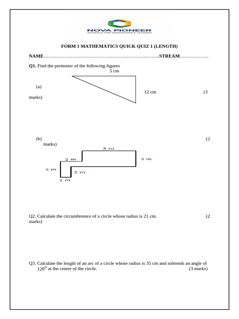 Form 1 Math Quiz: Perimeter & Area | PDF