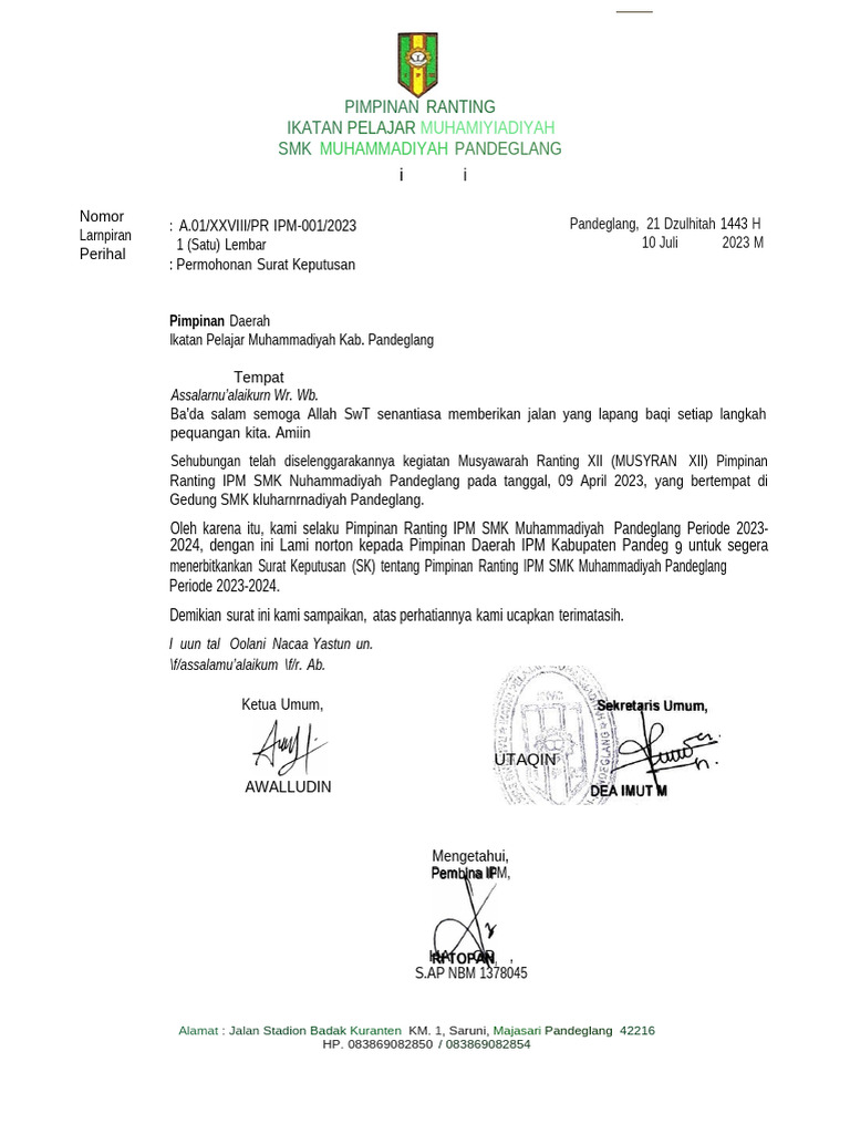 Permohonan SK Pimpinan Ranting IPM SMK | PDF