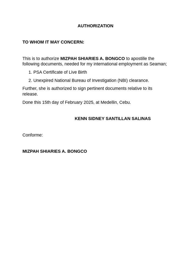 Authorization Letter Ken | PDF