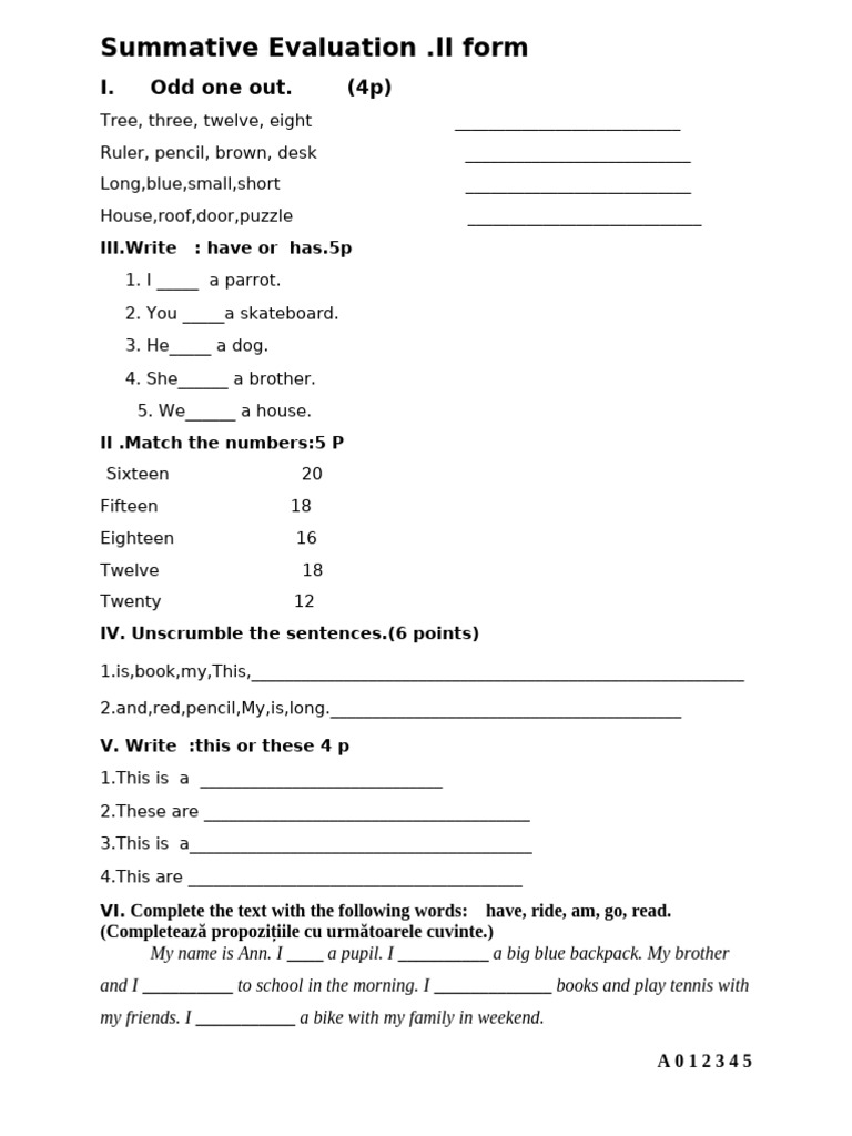 Summative Evaluation, Unit II, CLASA 2 | PDF