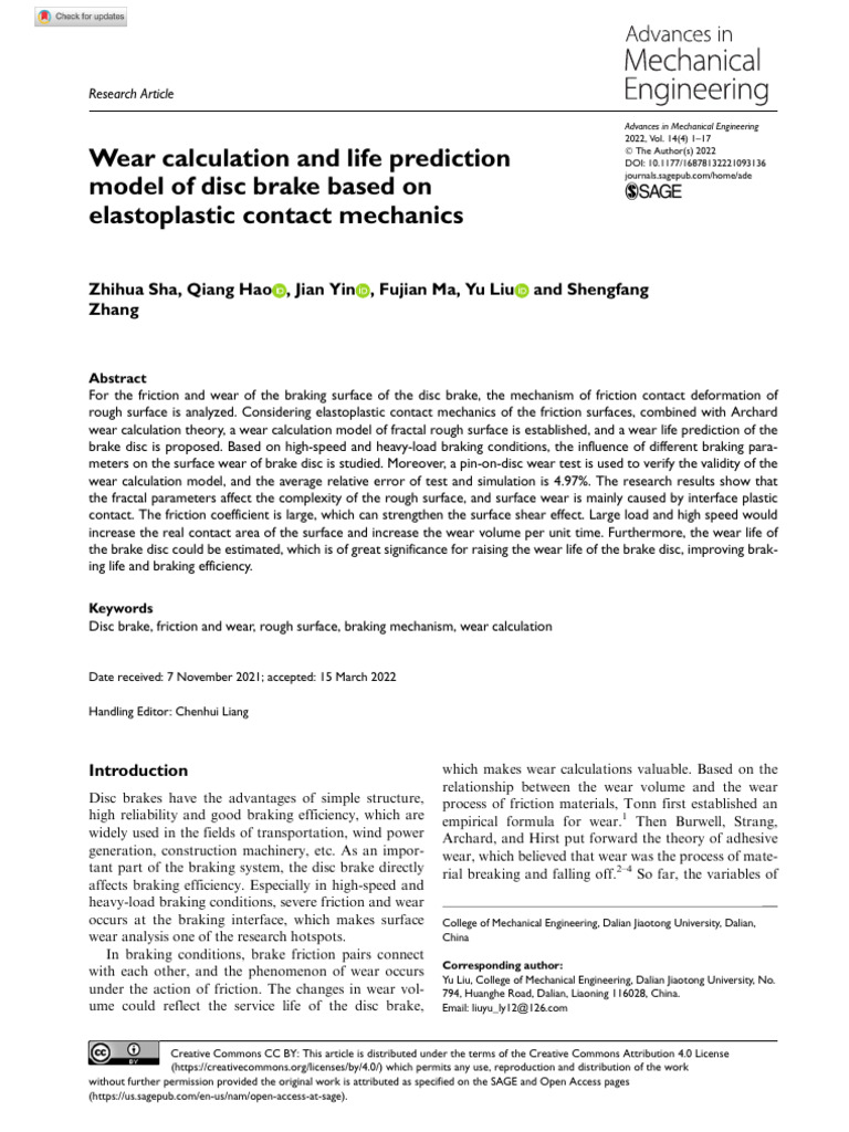 Wear Calculation and Life Prediction Model of Disc Brake Based On ...
