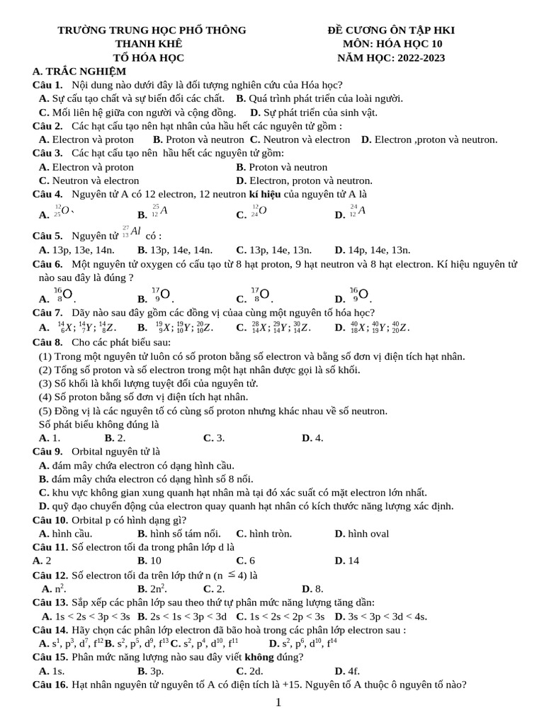 De Cuong Hki Hoa 10 2022 | PDF