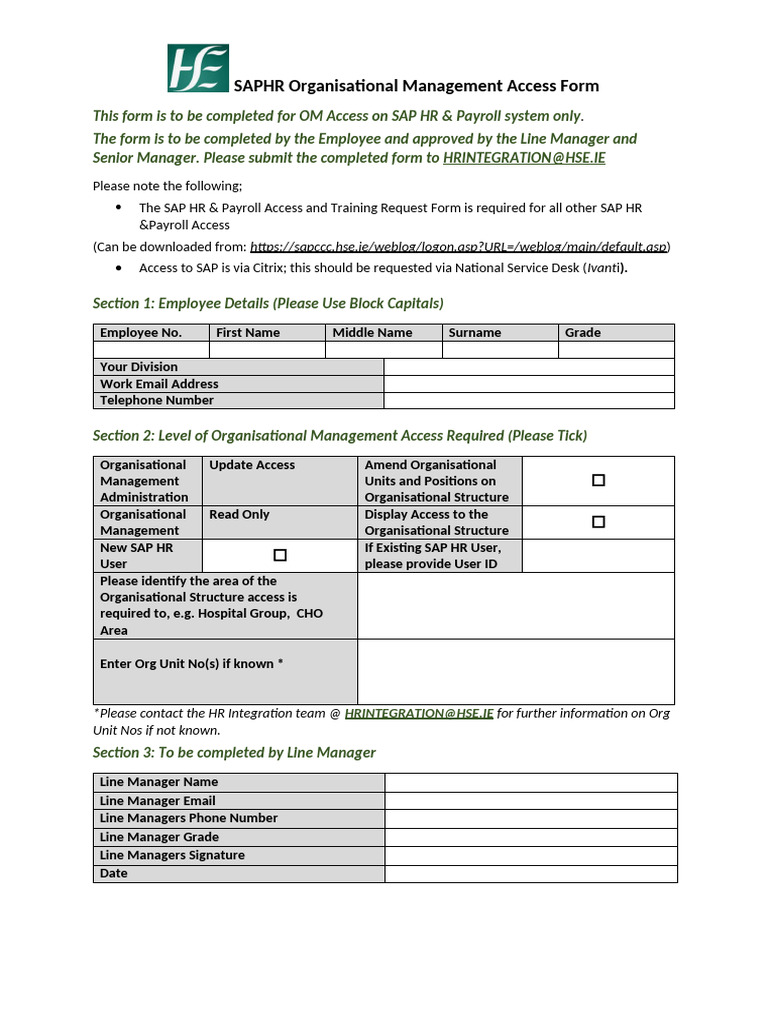 SAPHR OM Access Request Form | PDF
