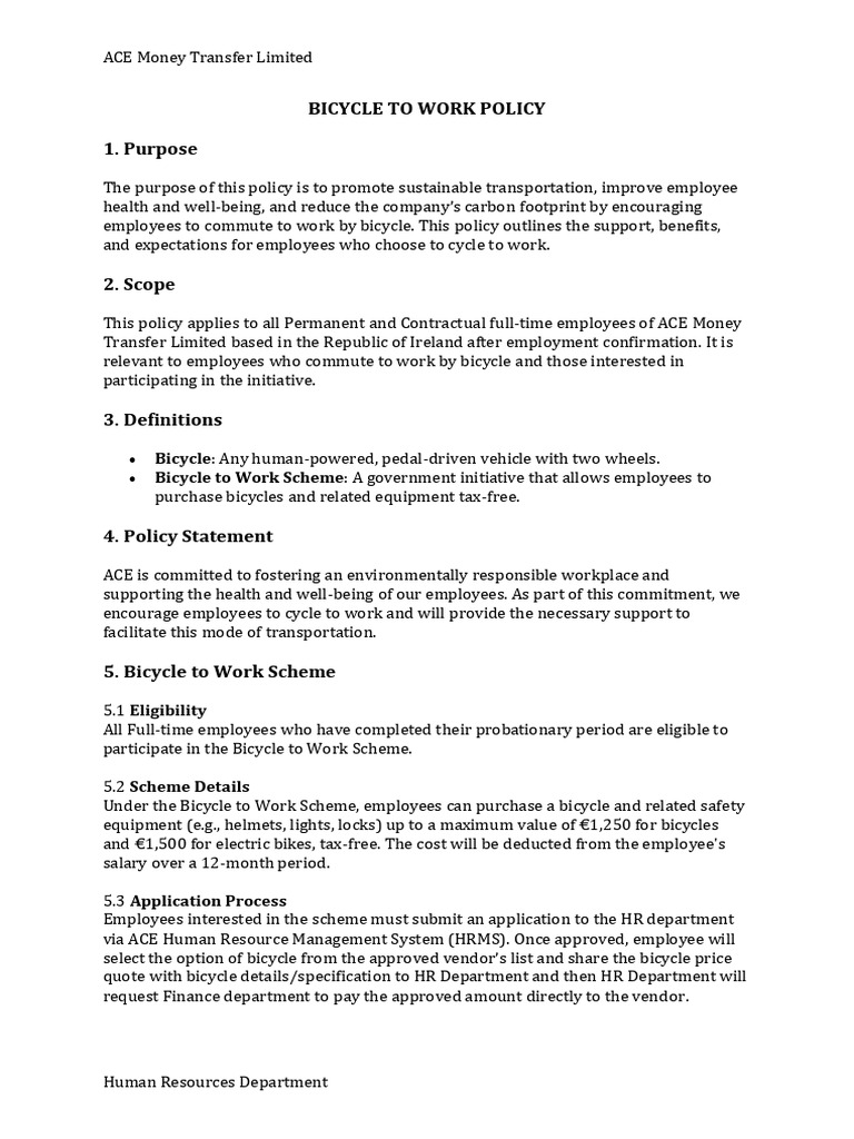 ACE Bicycle to Work Policy Guide | PDF | Employment | Human Resource ...