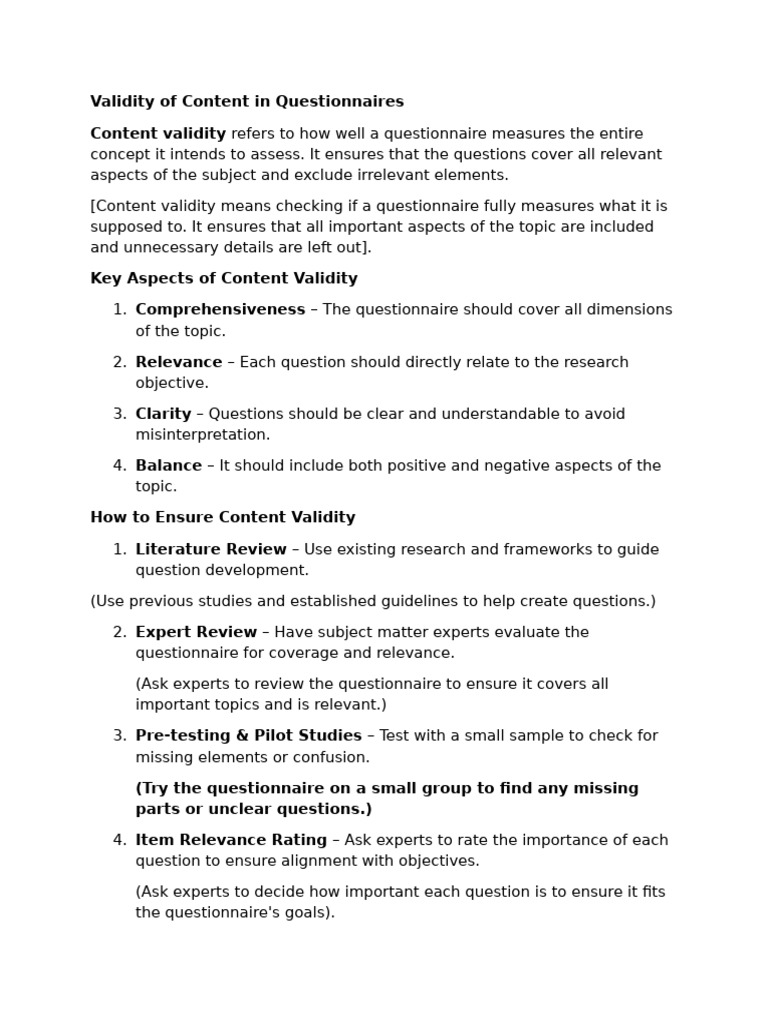 Validity of Content in Questionnaires | PDF | Validity (Statistics) | Questionnaire