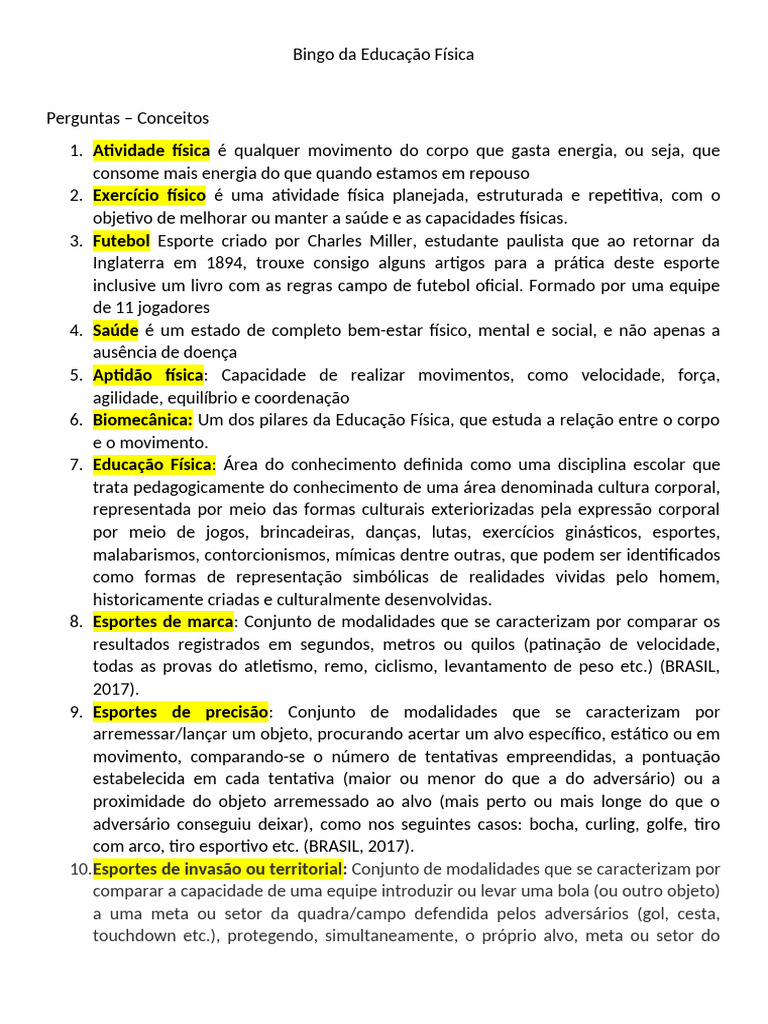Bingo da Educação Física para Aprendizagem | PDF | Educação Física | Física