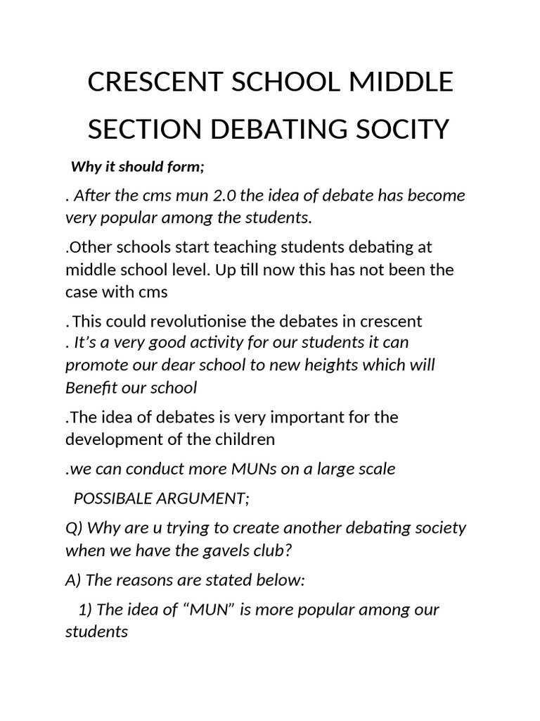 Crescent School Middle Section Debating Soceity 2.0 | PDF